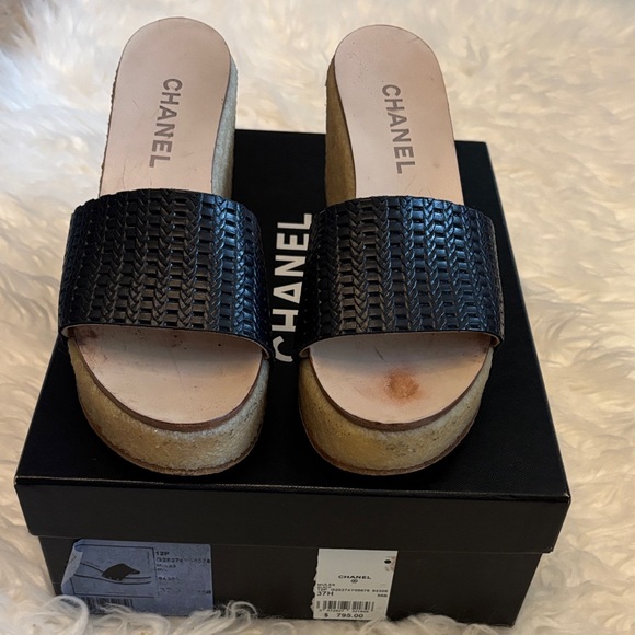 CHANEL | Shoes | Chanel Black Woven Platform Slides | Poshmark